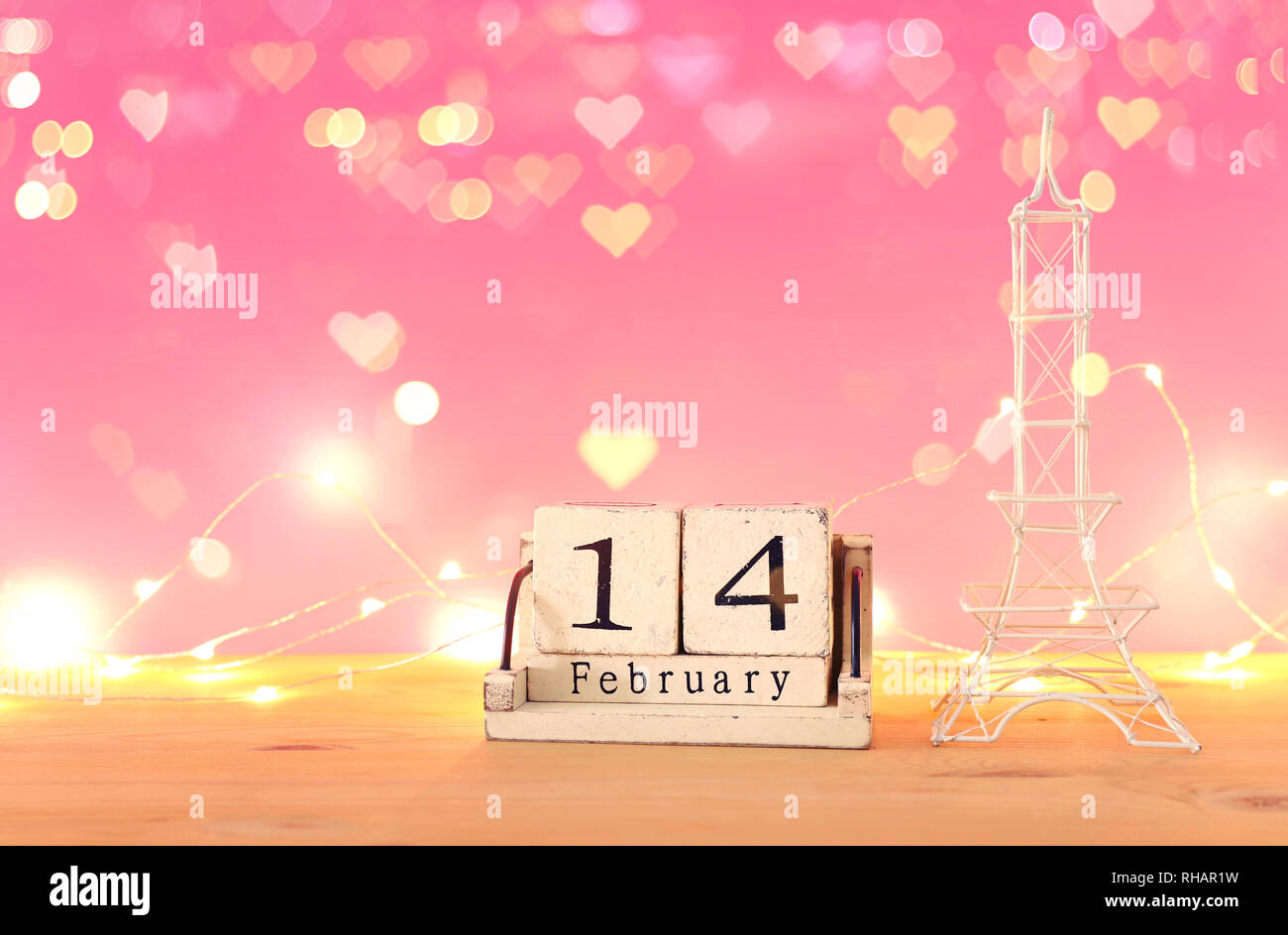 Valentine's day background. Eiffel tower and vintage wooden calendar ...