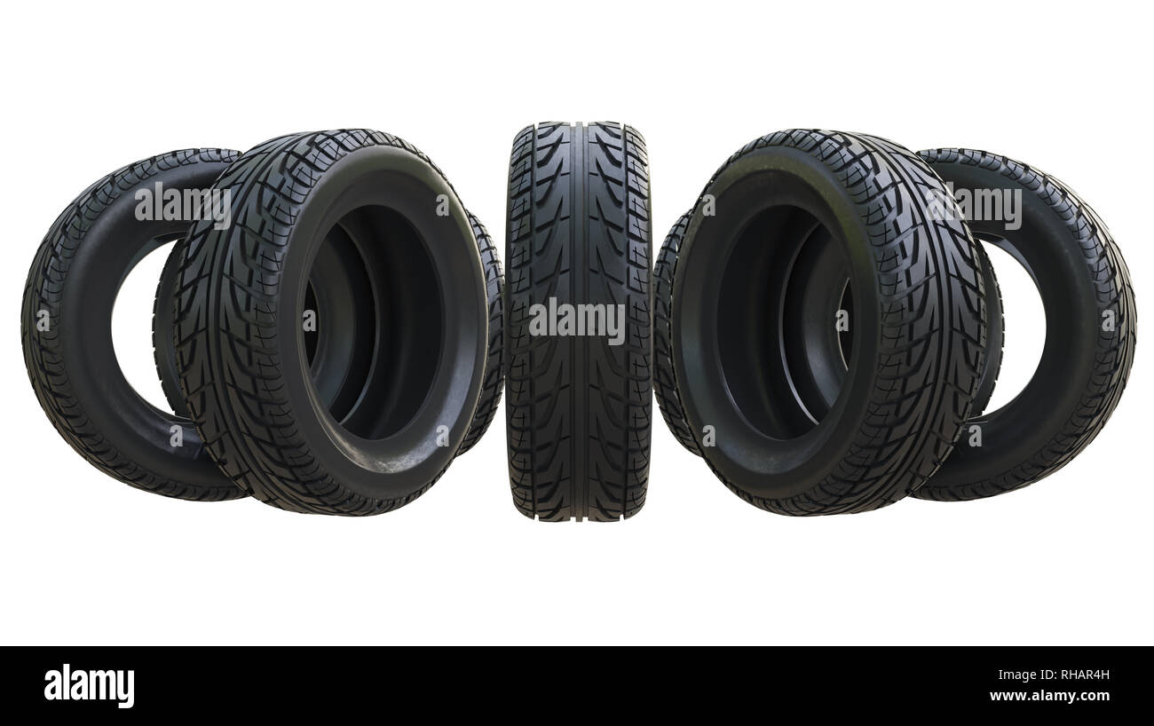 Group black tires, isolated Stock Photo - Alamy