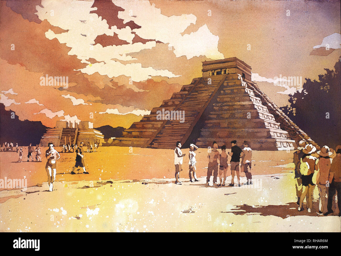 Watercolor of the Mayan ruins at Chichen Itza, in the Yucatan Peninsula ...