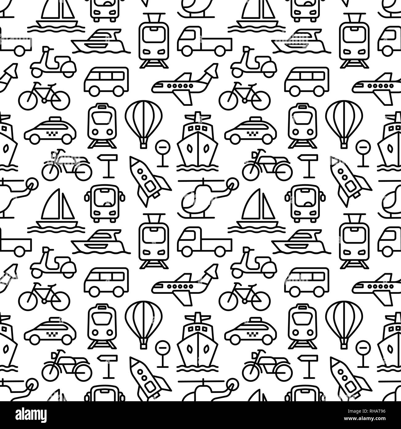 set of black white concept seamless pattern of different transport ...