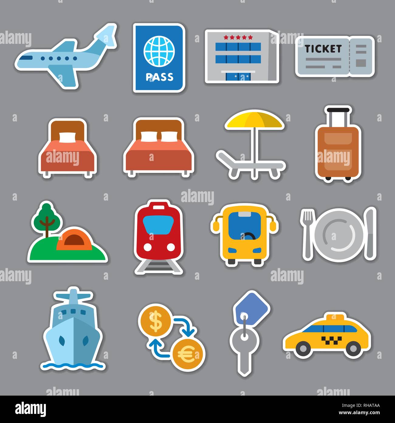 set of travel concept flat stickers of resort, cruise and transport ...