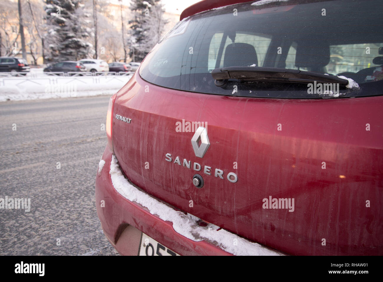 RUSSIA, URAL - JANUARY 2019: Renault car trademark on the street, snow ...