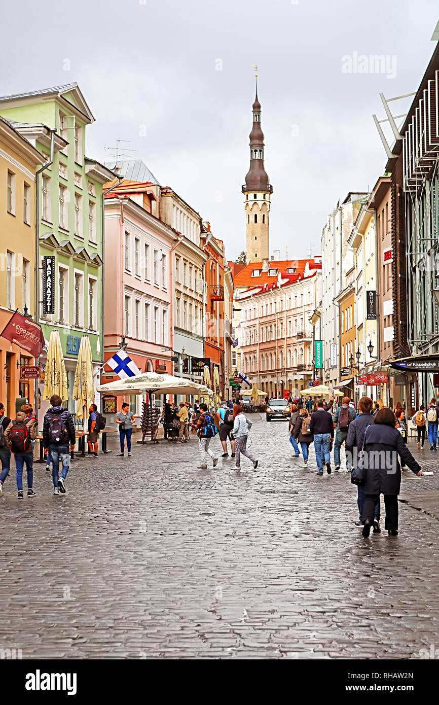 TALLINN, ESTONIA - AUGUST 30, 2018: Viru street and view of tower of ...