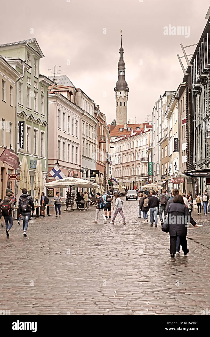 TALLINN, ESTONIA - AUGUST 30, 2018: Viru street and view of tower of ...