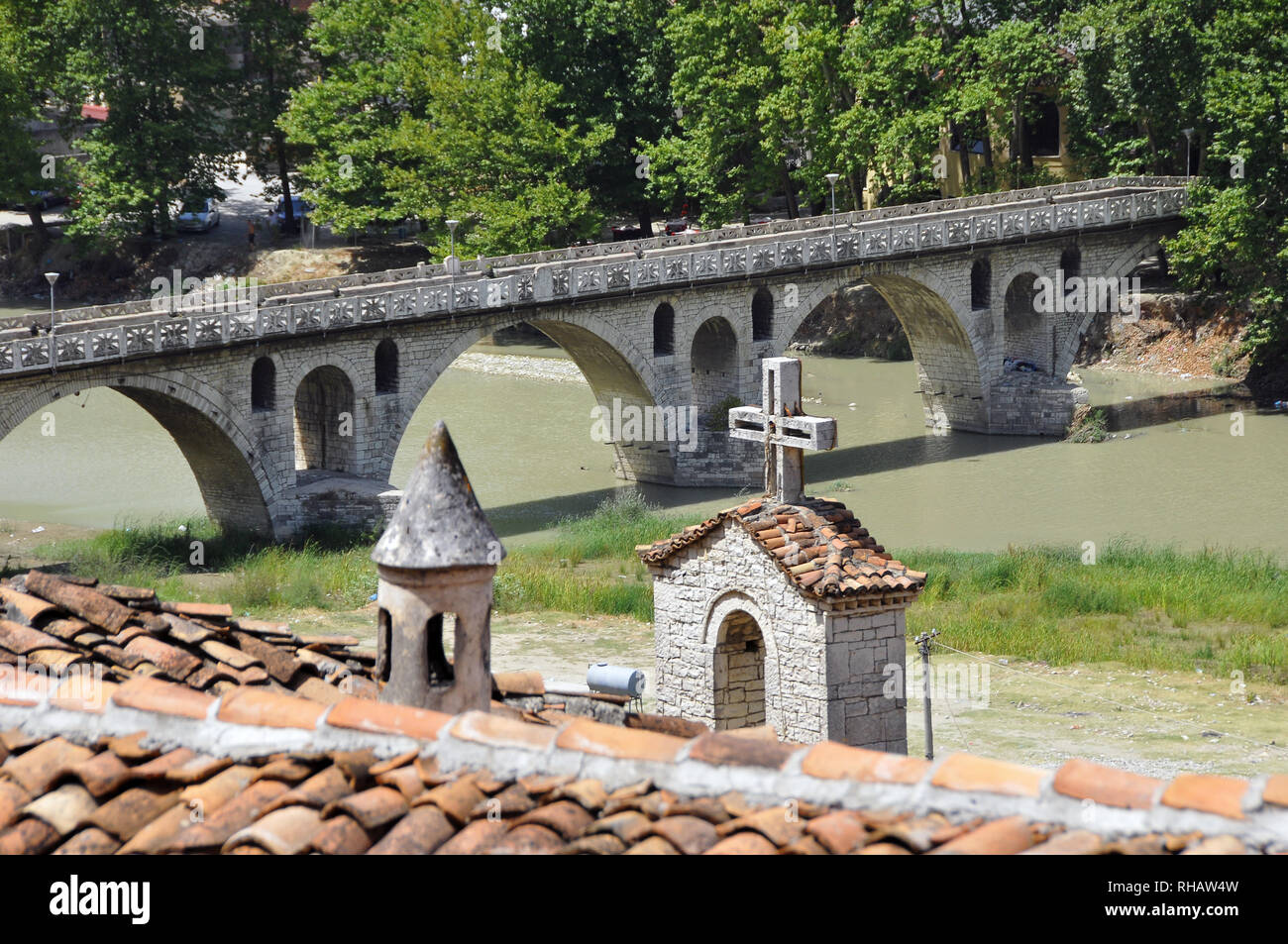 The old ottoman bridge in the city of Berat in Albania (Shqiperia ...