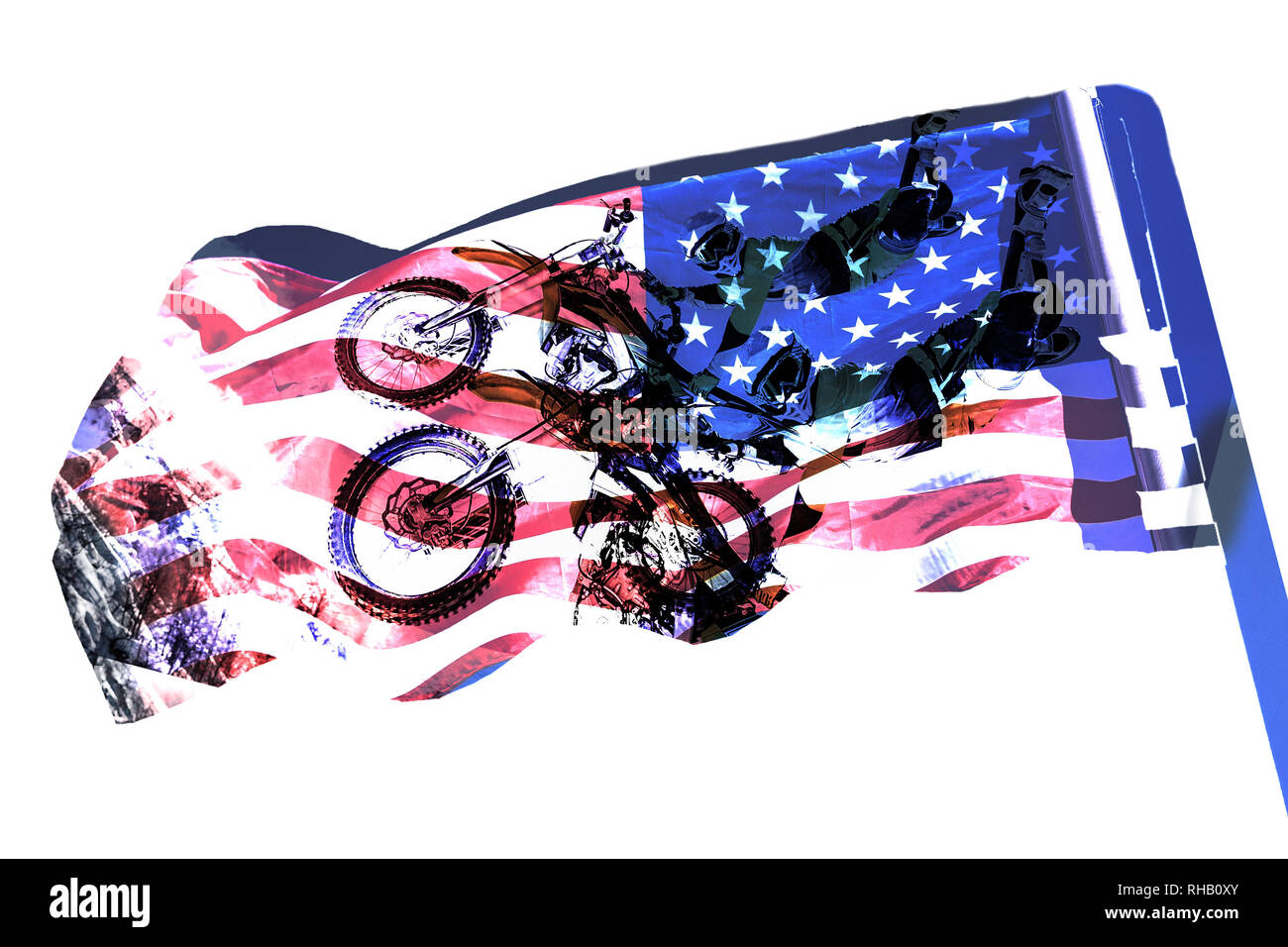 double exposure motorcycle and USA flag. American independence day ...
