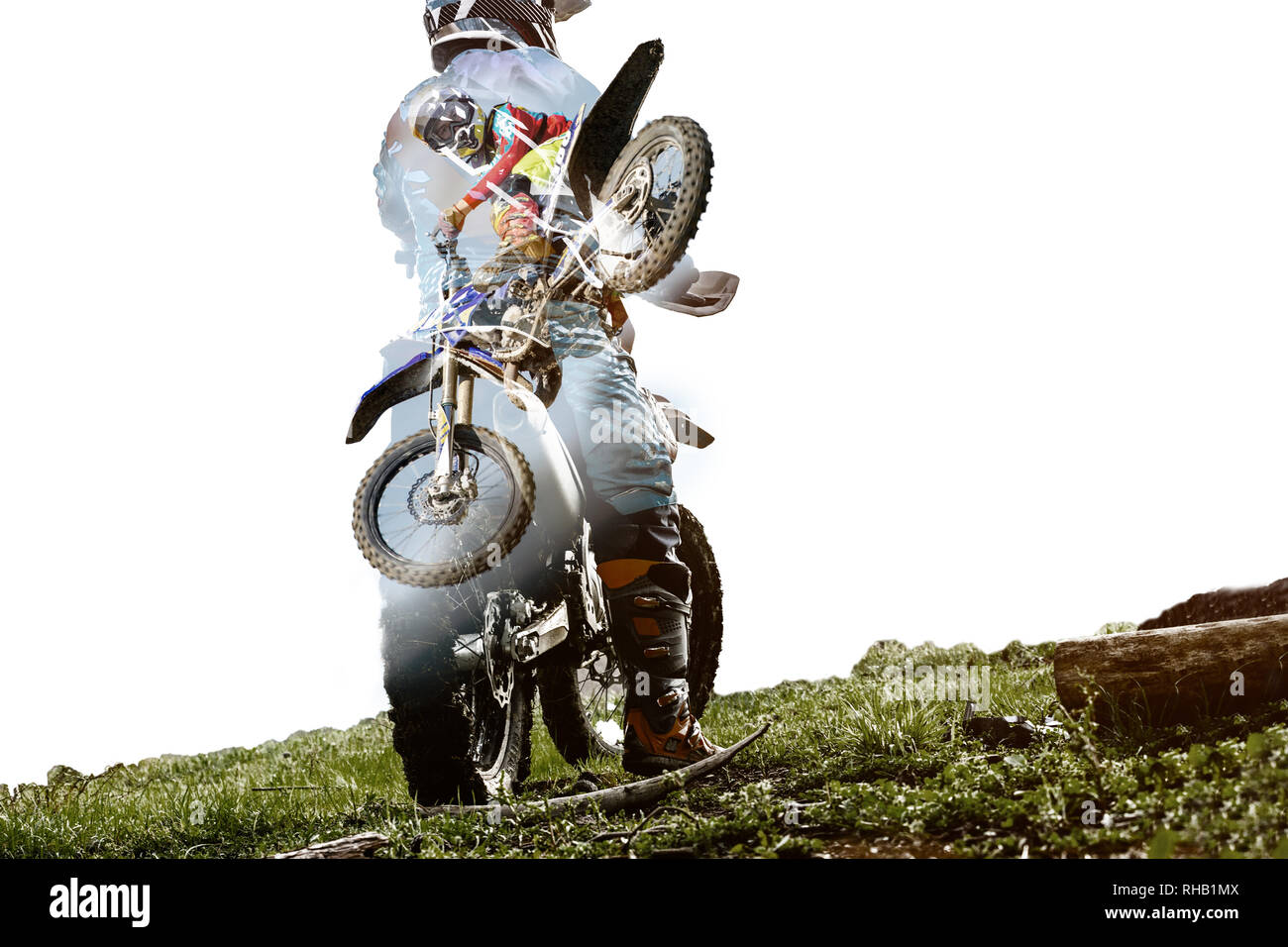 Double exposure with Man riding a motorcycle with racer jumps and takes ...