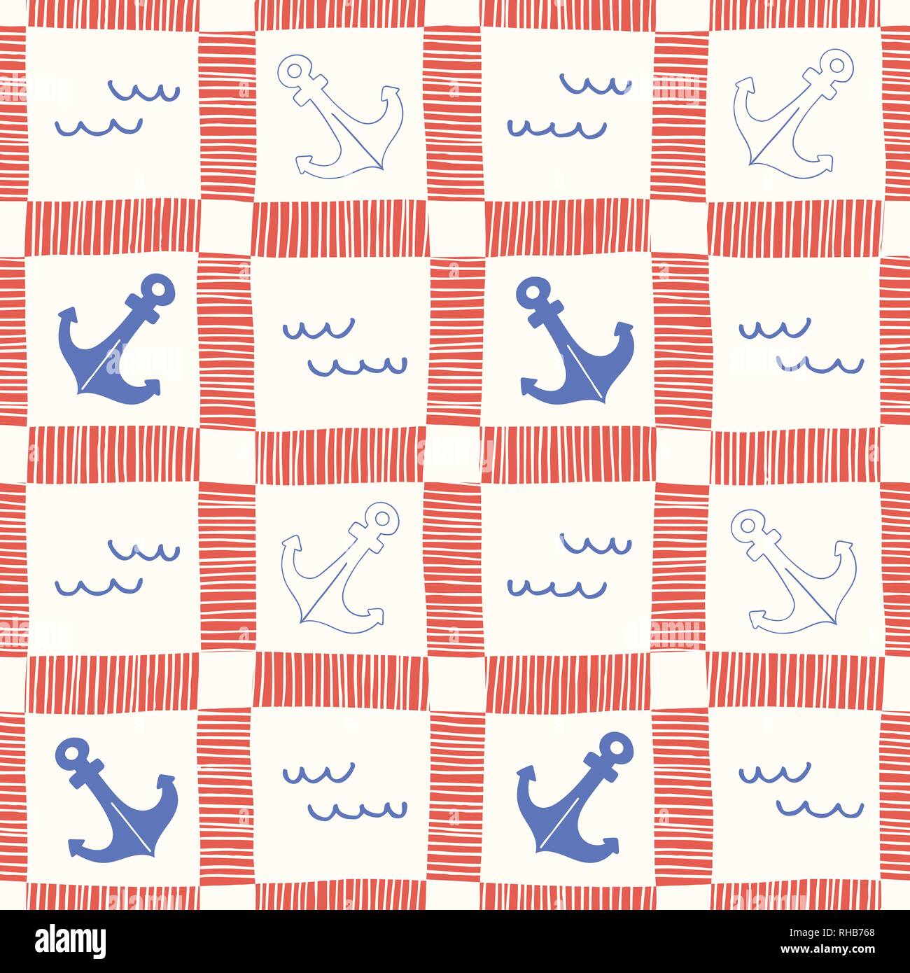 Hand-Drawn Nautical Plaid with Anchors and Waves Vector Seamless ...
