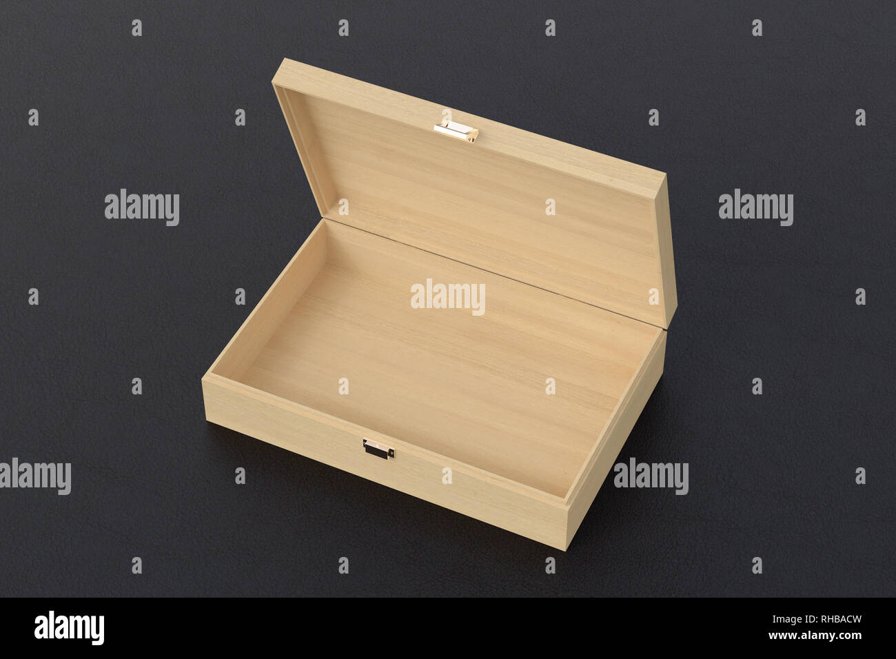 Wooden open empty long box or casket on black background Stock Photo ...