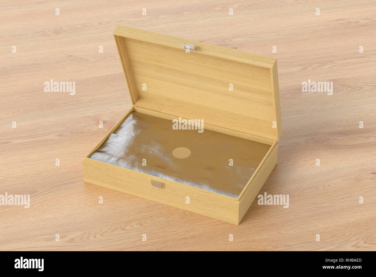 Wooden open long box or casket with wrapping foil on wooden background ...