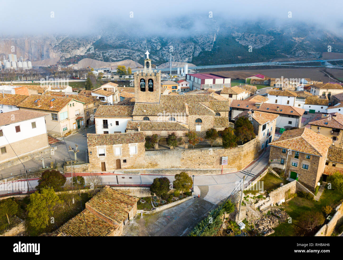 View from drone of roofs of houses in traditional village of Liedena in ...