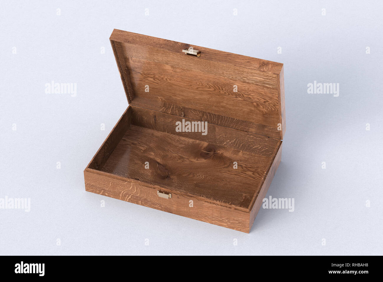 Dark wooden empty open long box or casket on white background Stock ...
