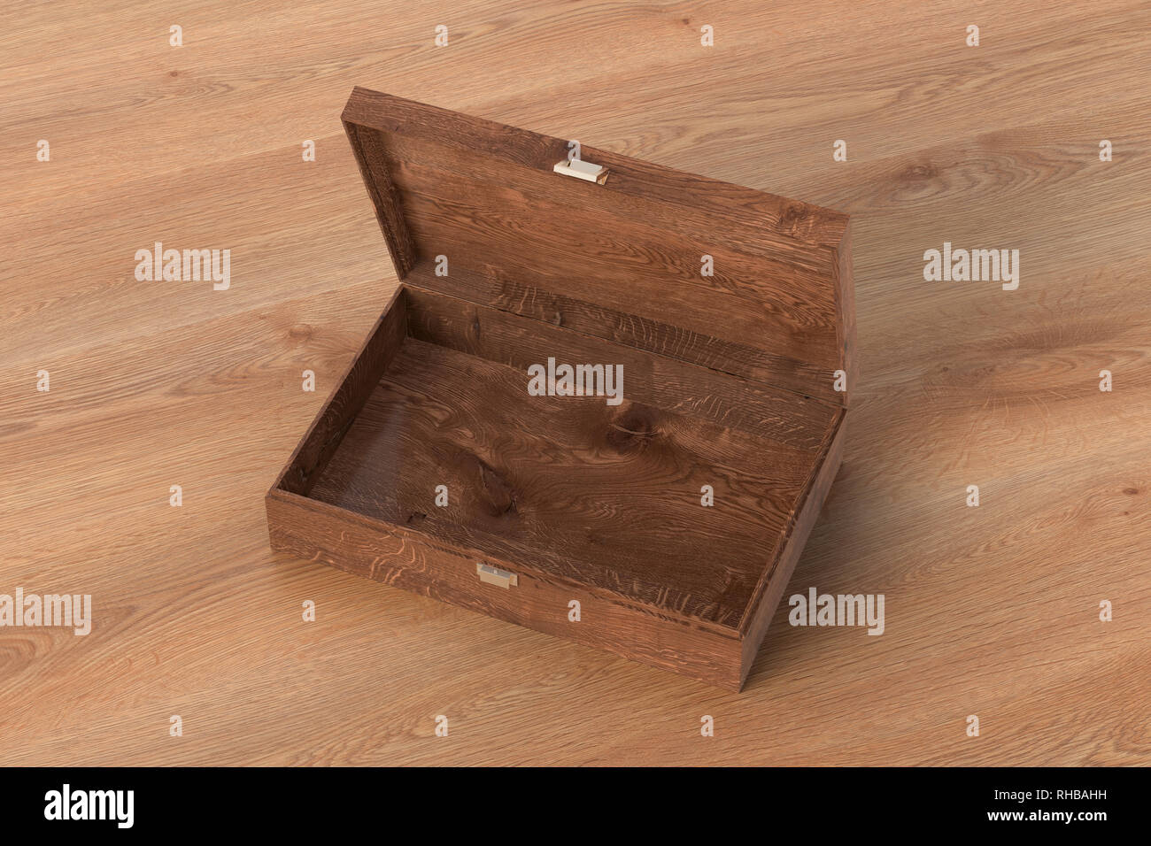 Dark wooden empty open long box or casket on wooden background Stock ...