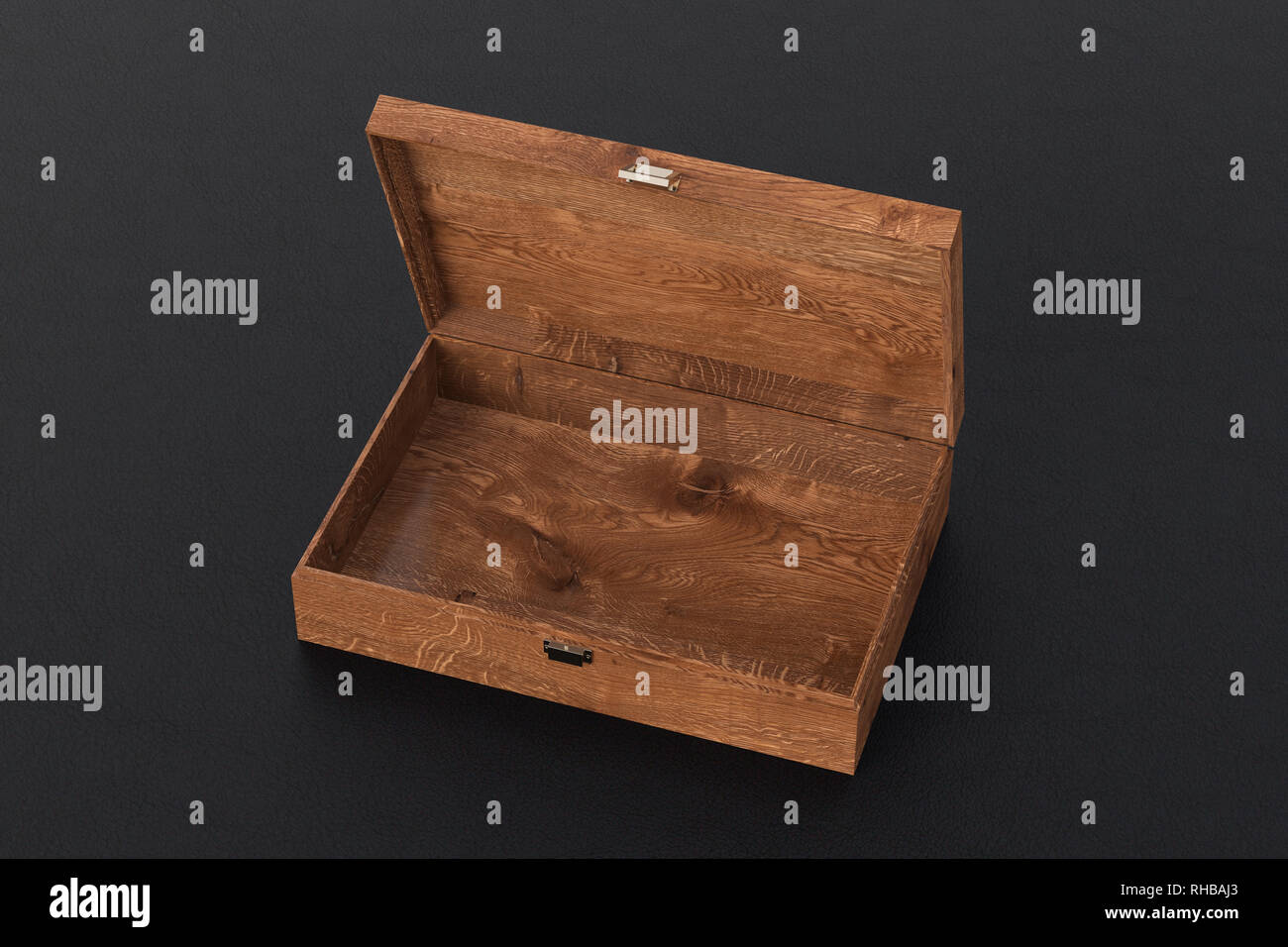 Dark wooden empty open long box or casket on black background Stock ...