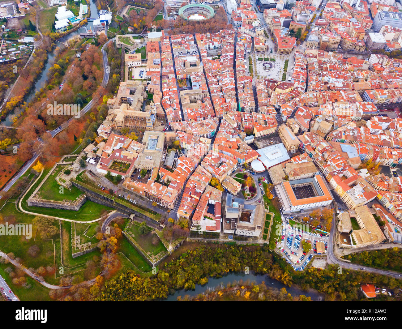 Aerial view of Pamplona medieval town with fortification in Navarre ...