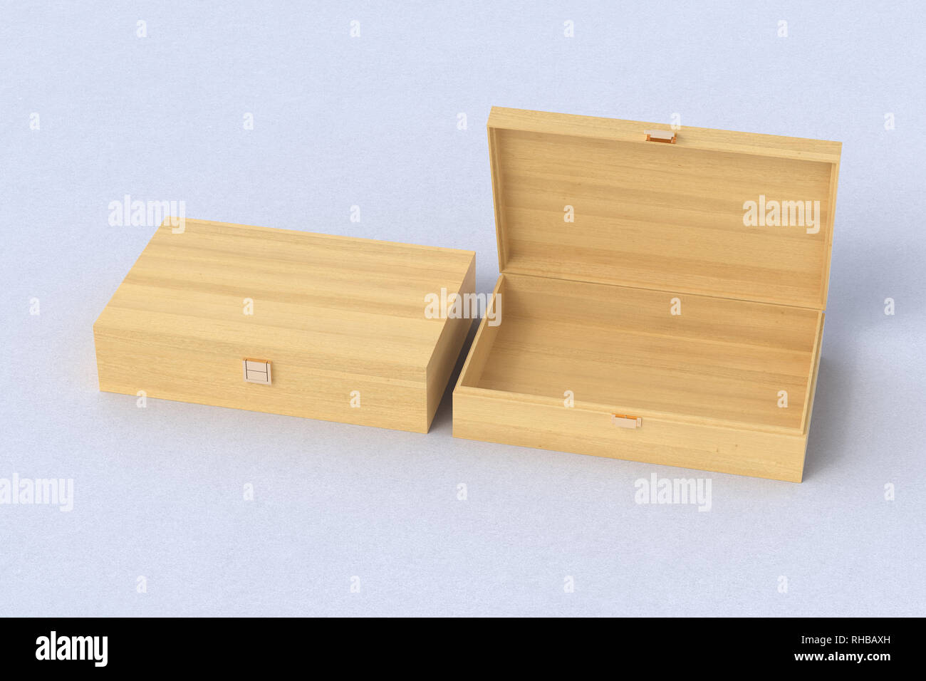 Open and closed empty wooden long boxes or caskets on white background ...