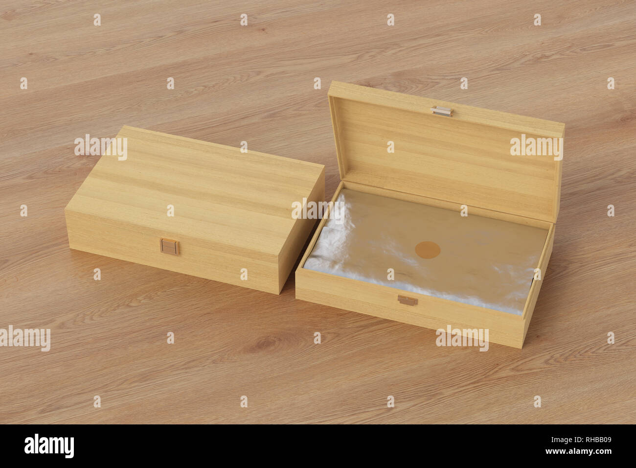Open and closed wooden long boxes or caskets with wrapping foil on ...