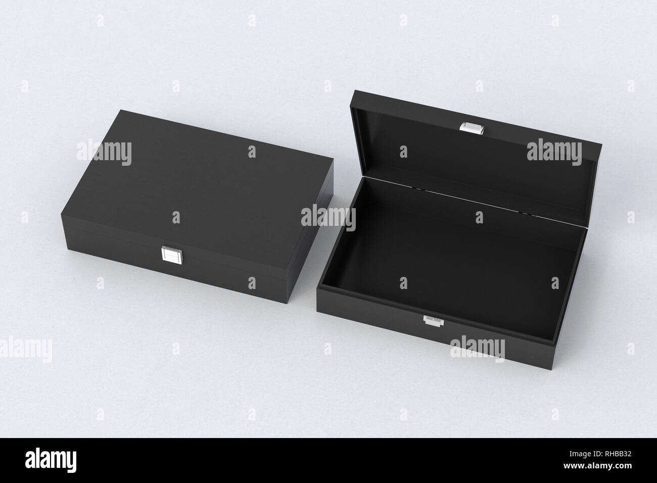 Open and closed empty black long boxes or caskets on white background ...