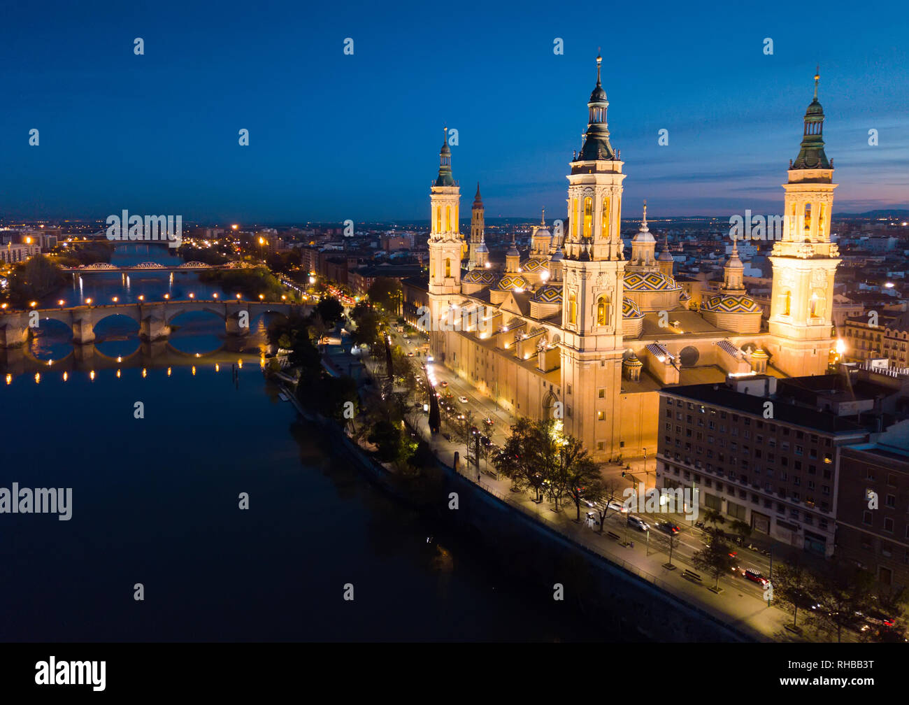 Night aerial view of Saragossa with Cathedral Basilica of Our Lady ...