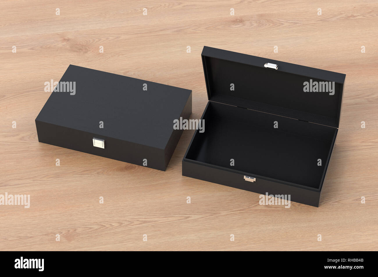 Open and closed empty black long boxes or caskets on wooden background ...