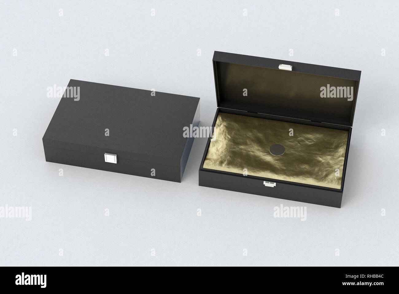 Open and closed black long boxes or caskets with wrapping foil on white ...