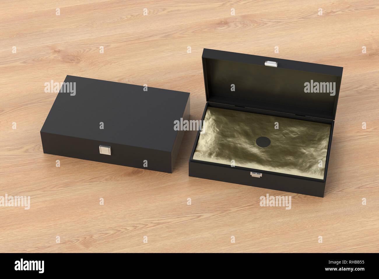 Open and closed black long boxes or caskets with wrapping foil on ...
