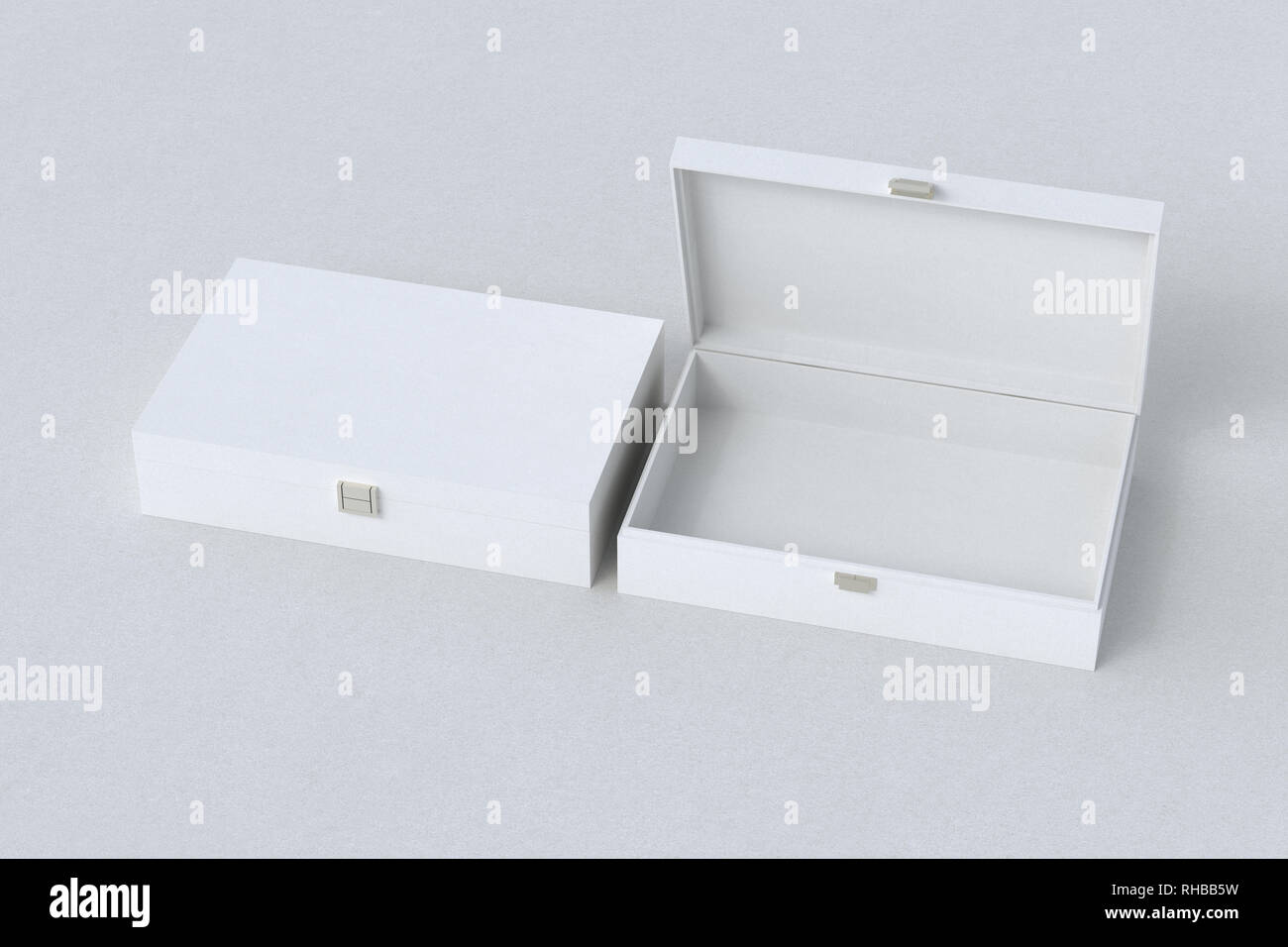 Open and closed empty white long boxes or caskets on white background ...