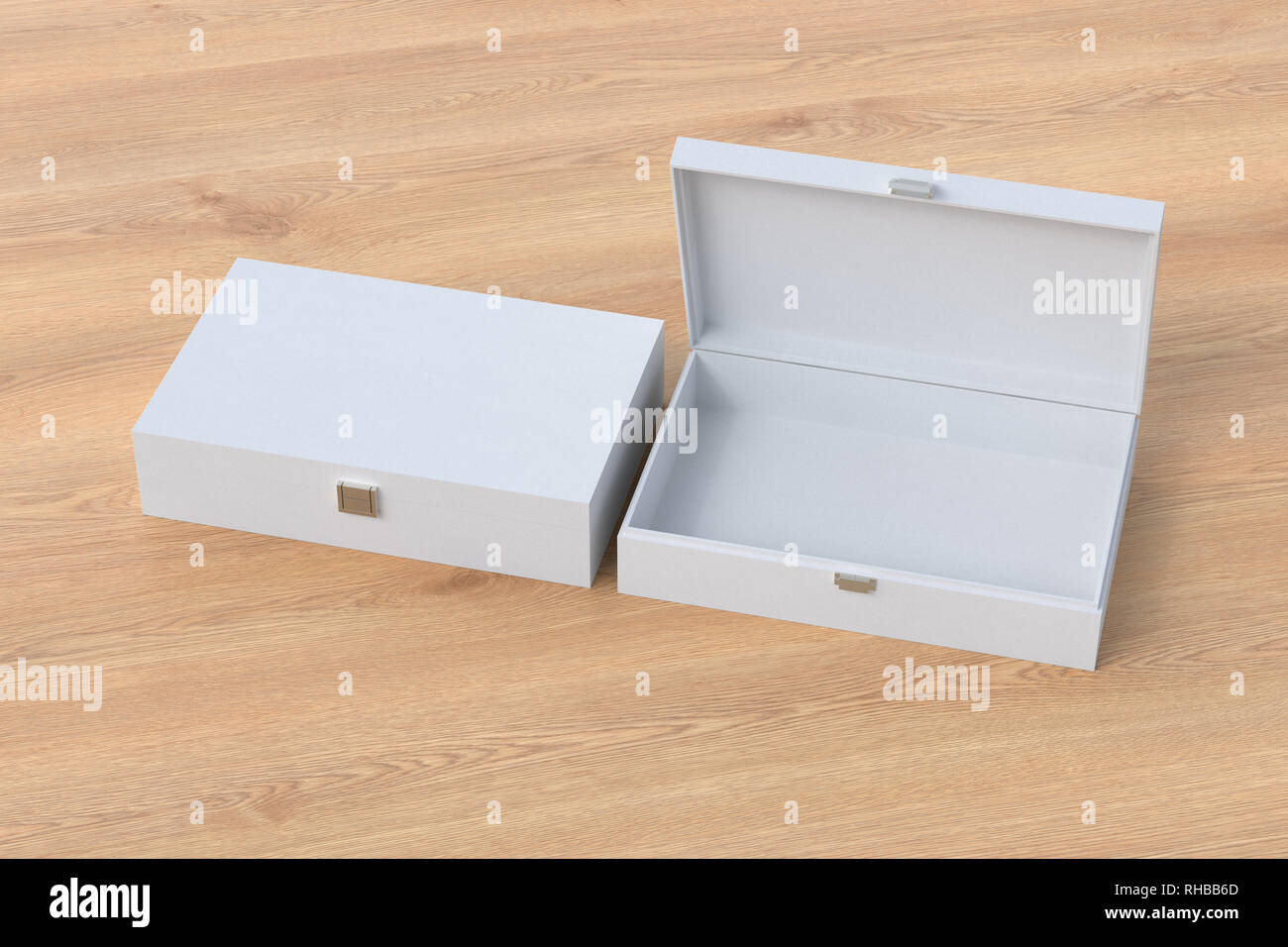 Open and closed empty white long boxes or caskets on wooden background ...