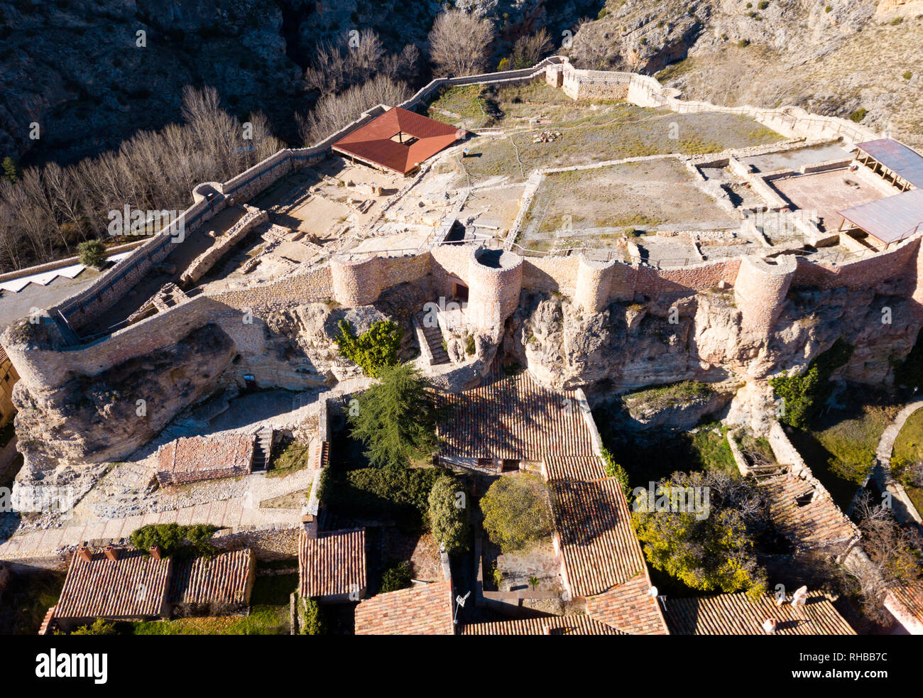 Aerial view of ruins of ancient fortified castle of Albarracin, Aragon ...