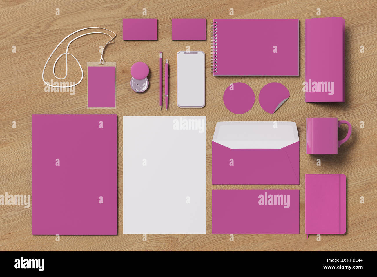Corporate identity. Pink stationary branding set mock up on wooden ...