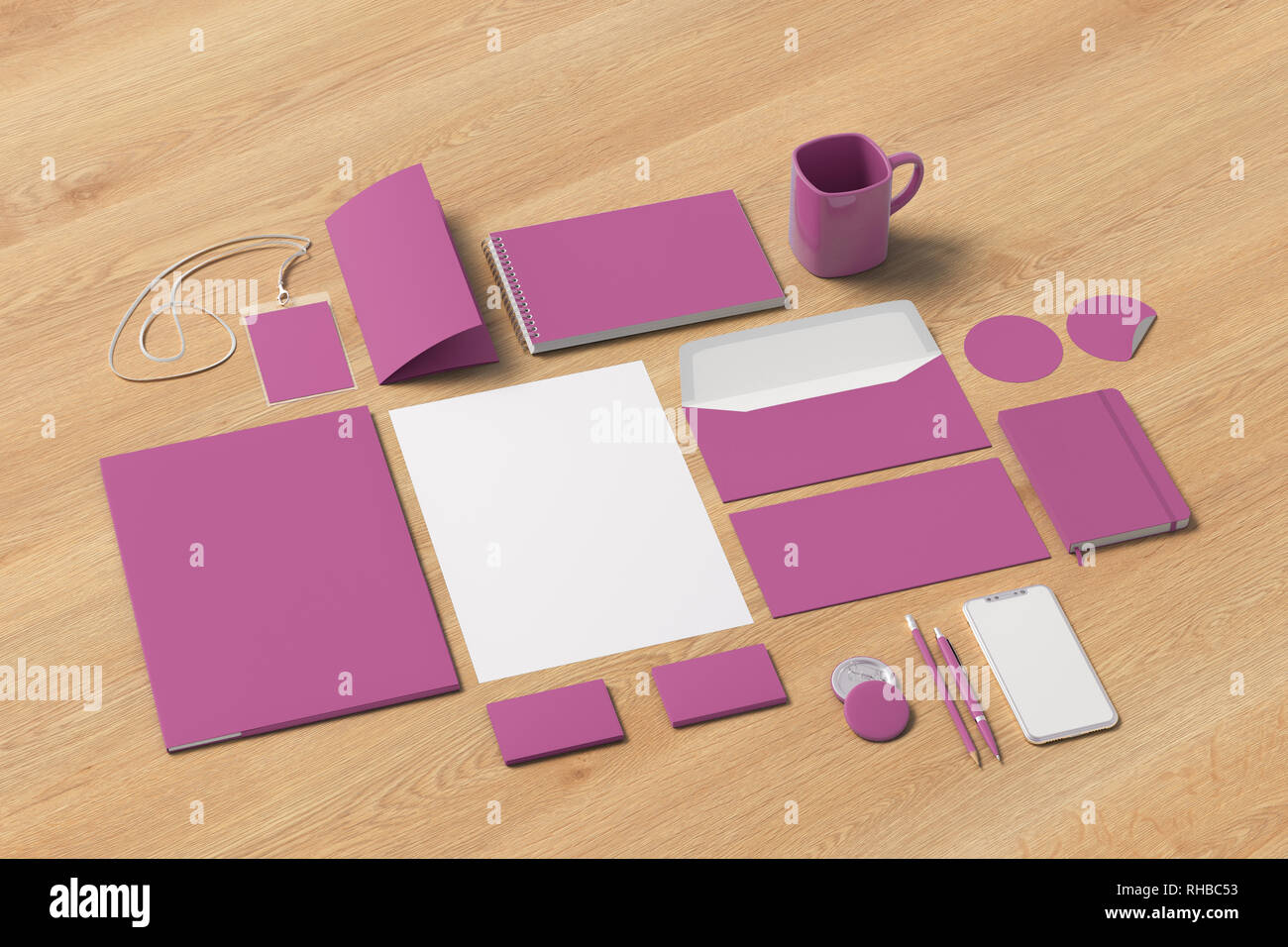 Corporate identity. Pink stationary branding set mock up on wooden ...