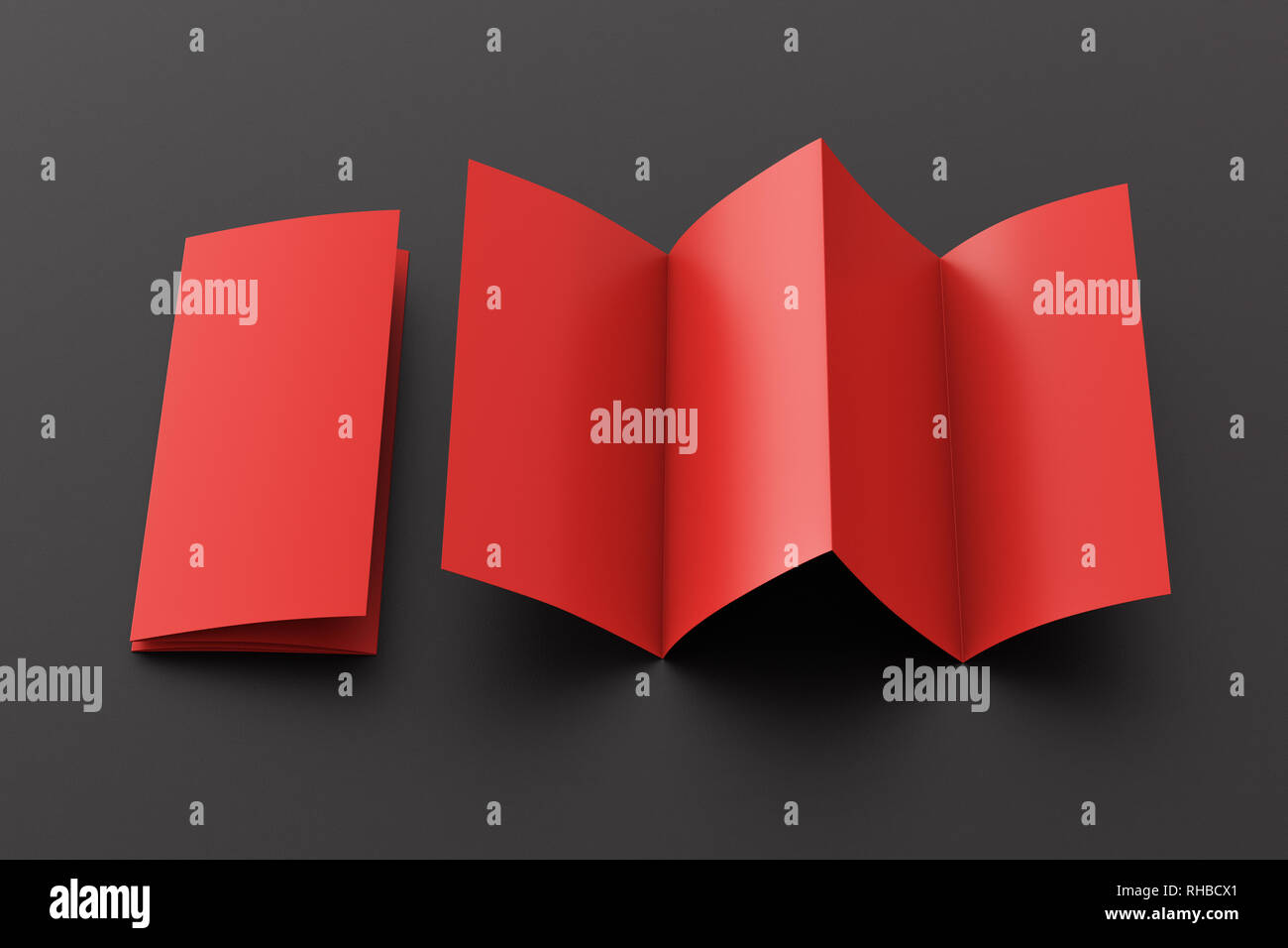 Blank red folded paper leaflet on black background. Eight pages, four ...