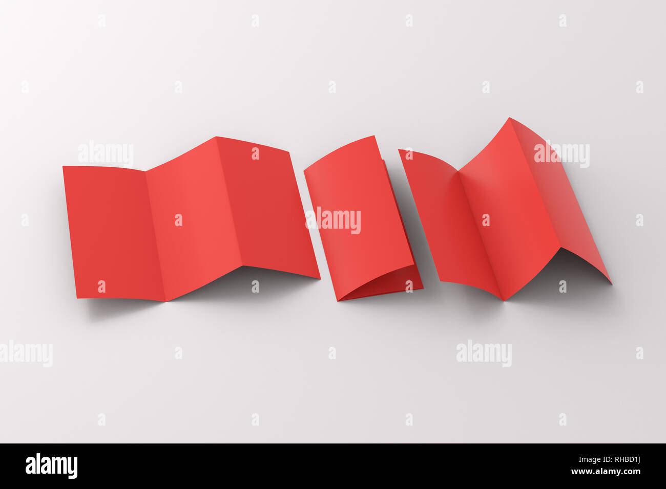 Blank red trifold paper leaflet on white background. Six pages, three ...