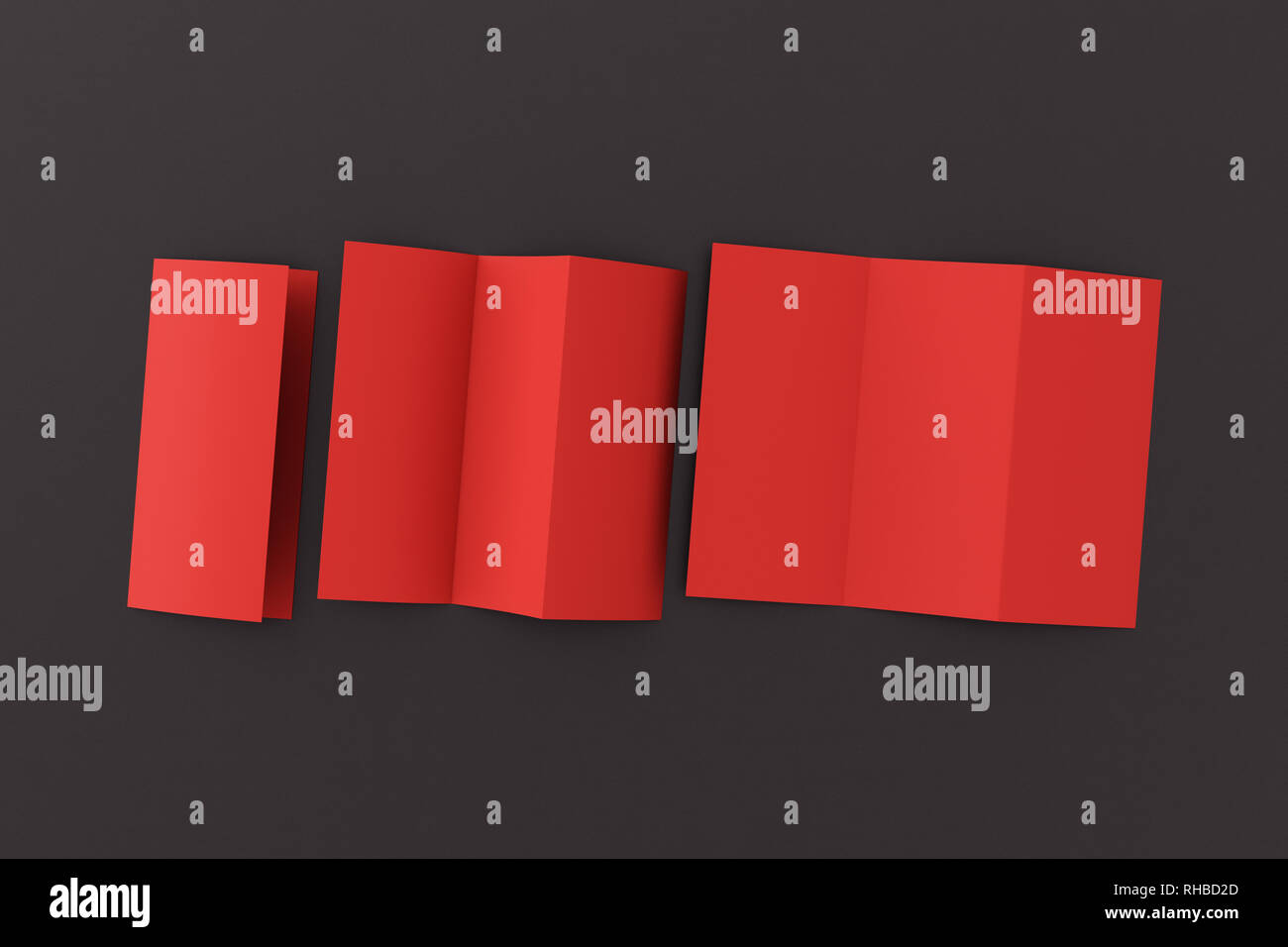 Blank red trifold paper leaflet on black background. Six pages, three ...