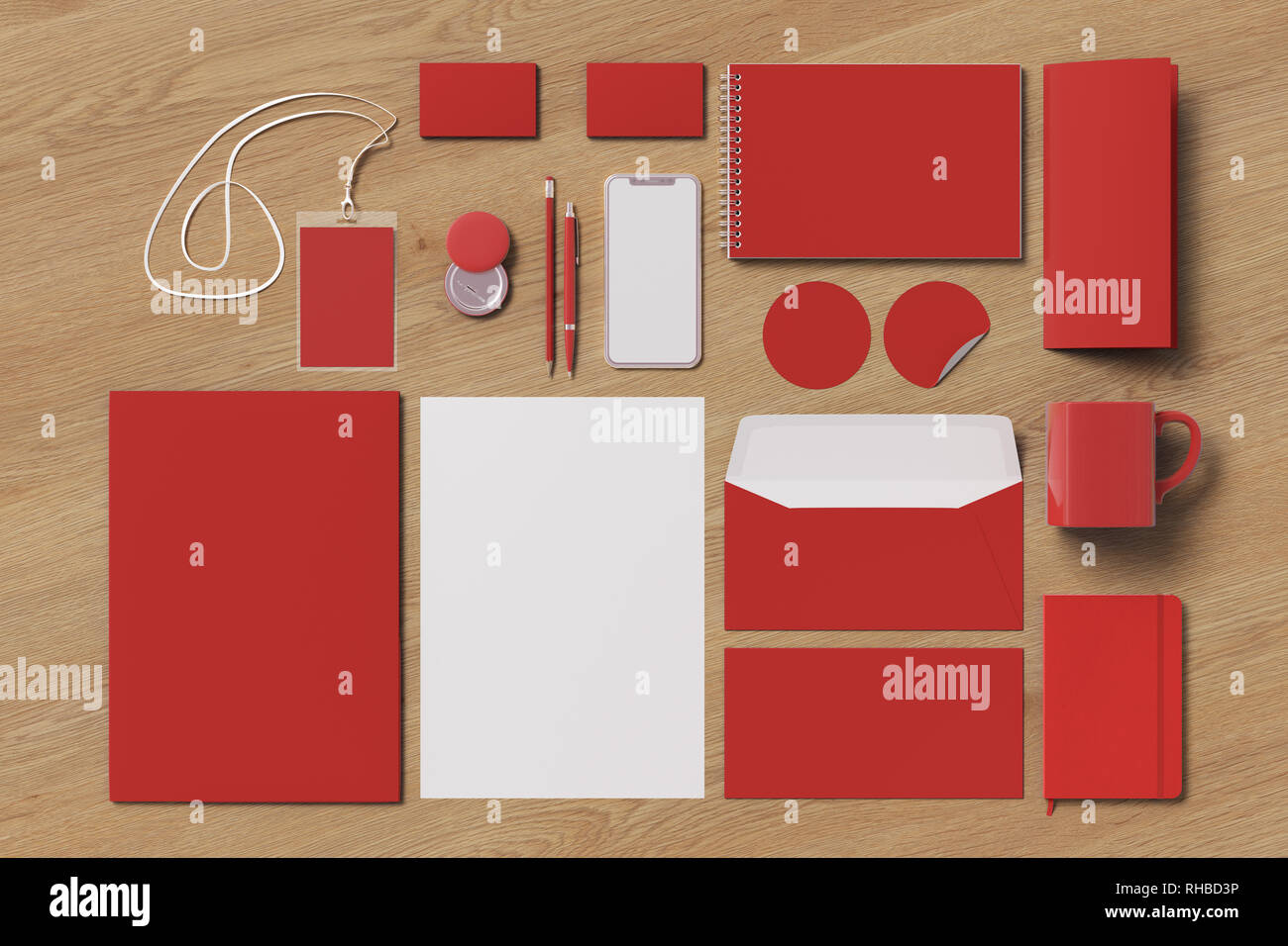 Corporate identity. Red stationary branding set mock up on wooden ...