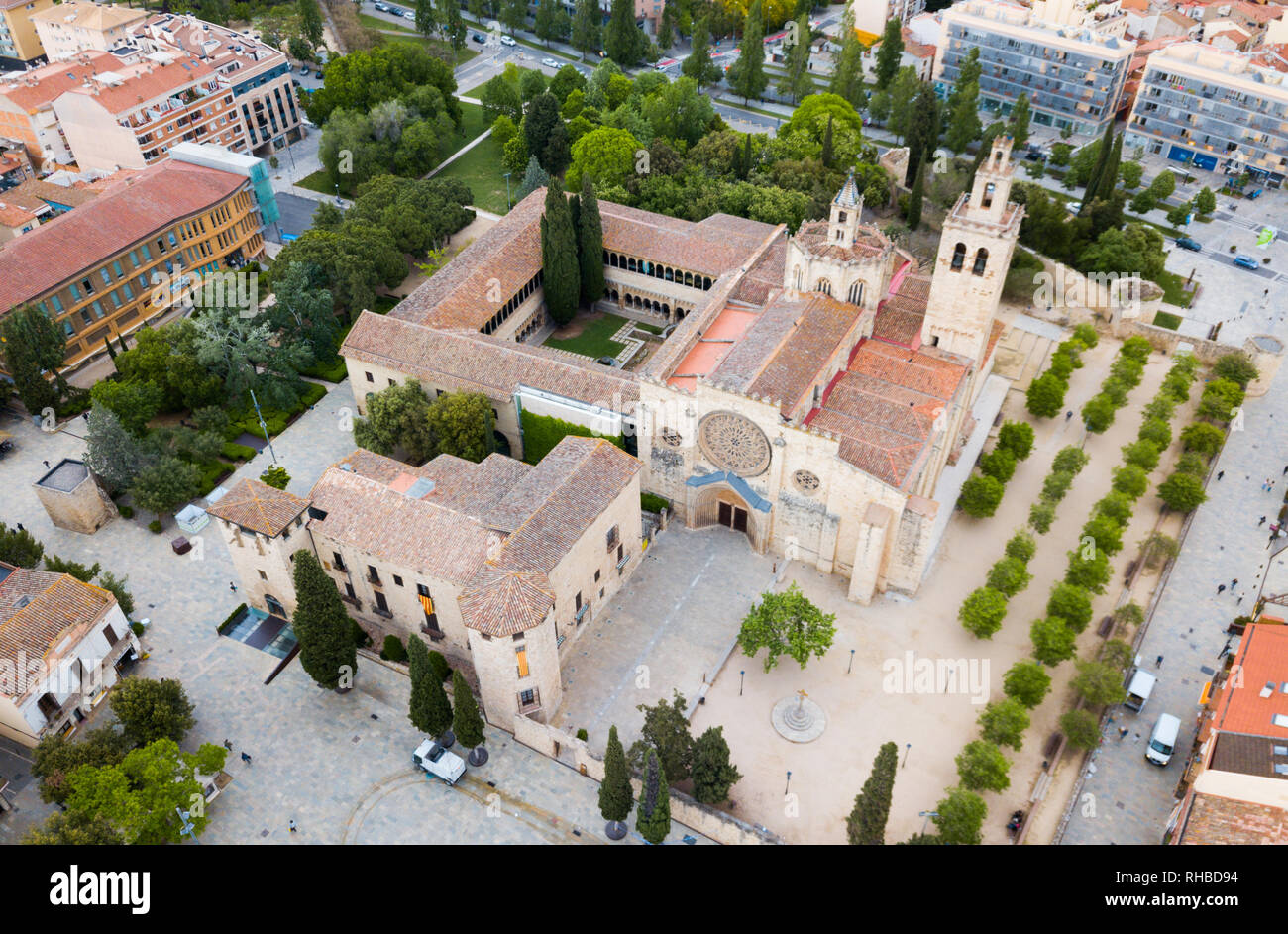 Aerial view of monumental Benedictine Monastery in Spanish town of Sant ...