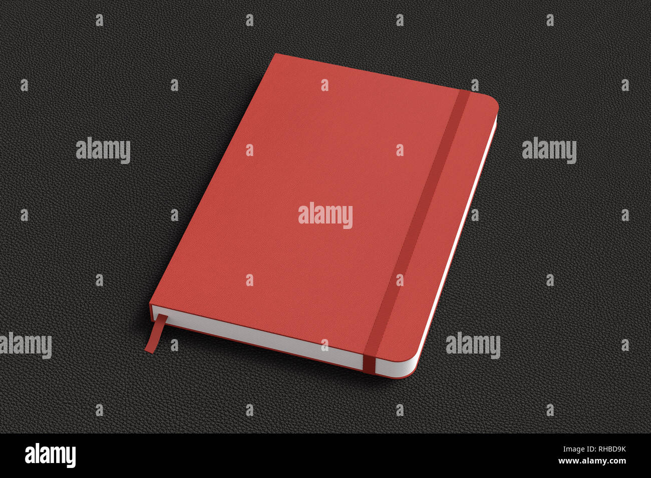 Red vertical notebook with elastic band on black background Stock Photo ...