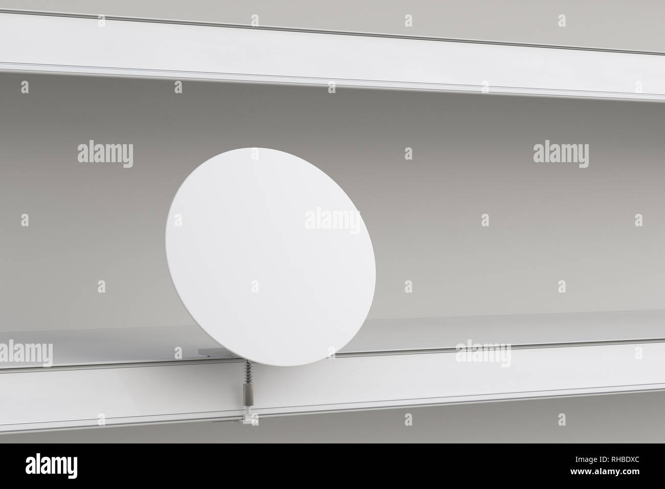 Blank round shelf advertising label or stopper on empty shelf. Include ...