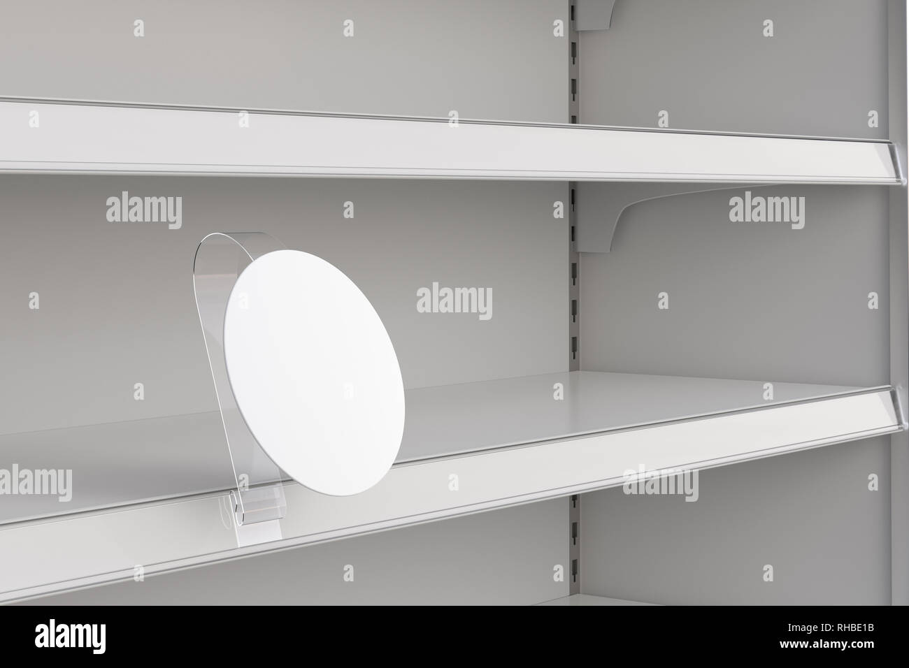 Blank round shelf advertising wobbler label or stopper on empty shelf ...