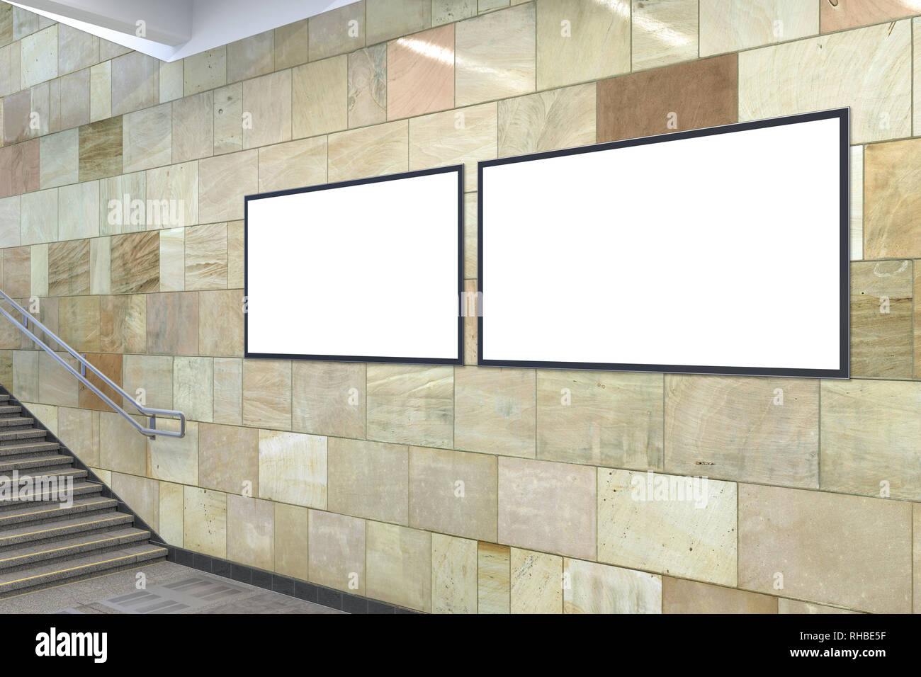 Two blank horizontal advertising billboards mockup underground with ...