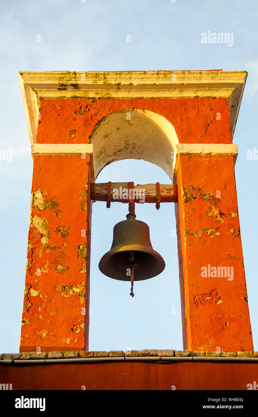 Detail close-up red bell Tower Fort Frederik at Frederiksted St Croix ...