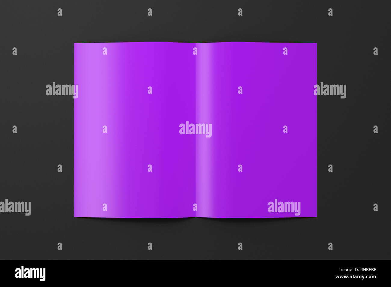 Blank violet half-folded flyer leaflet on black background. With clipping path around brochure ...