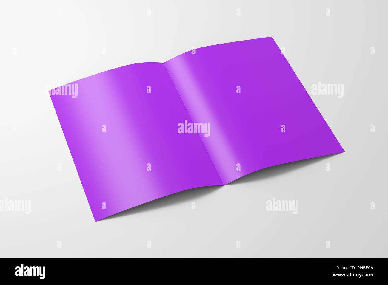 Blank violet half-folded flyer leaflet on white background. With clipping path around brochure ...
