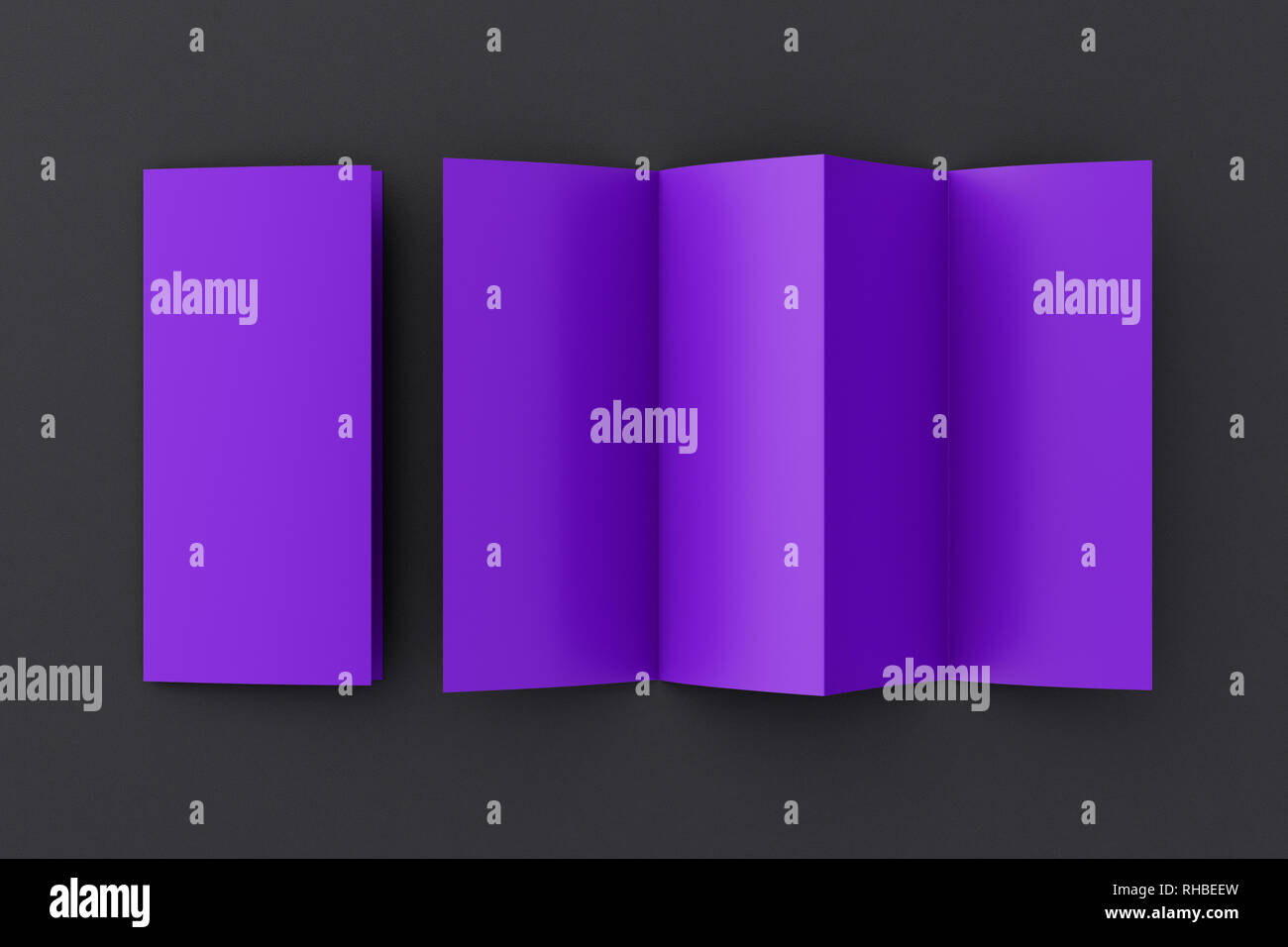 Blank violet folded paper leaflet on black background. Eight pages, four panel Stock Photo - Alamy