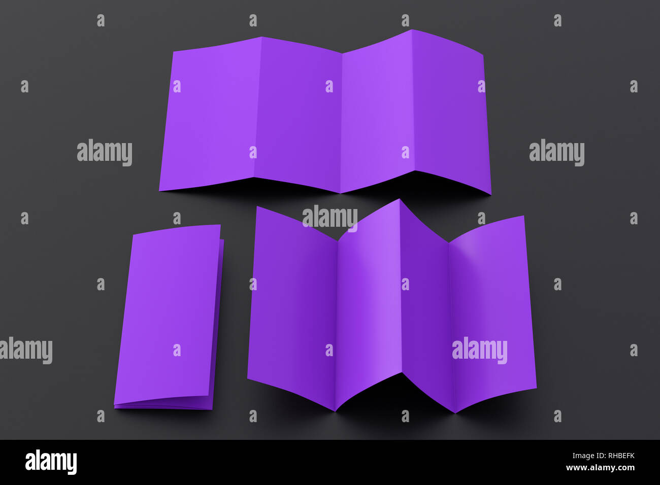 Blank violet folded paper leaflet on black background. Eight pages ...