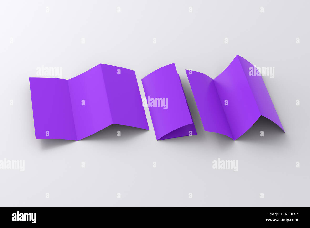 Blank violet trifold paper leaflet on white background. Six pages, three panel Stock Photo - Alamy