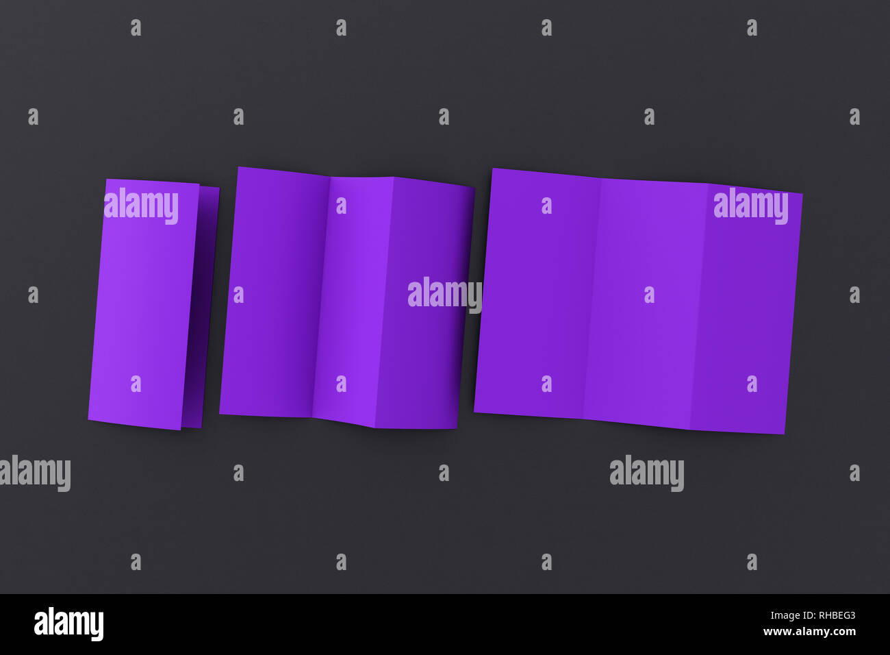 Blank violet trifold paper leaflet on black background. Six pages, three panel Stock Photo - Alamy