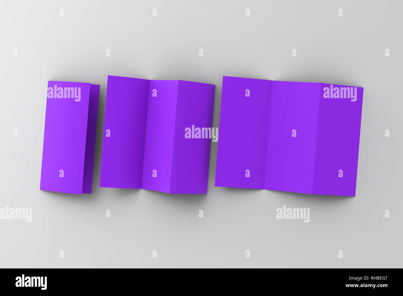 Blank violet trifold paper leaflet on white background. Six pages ...