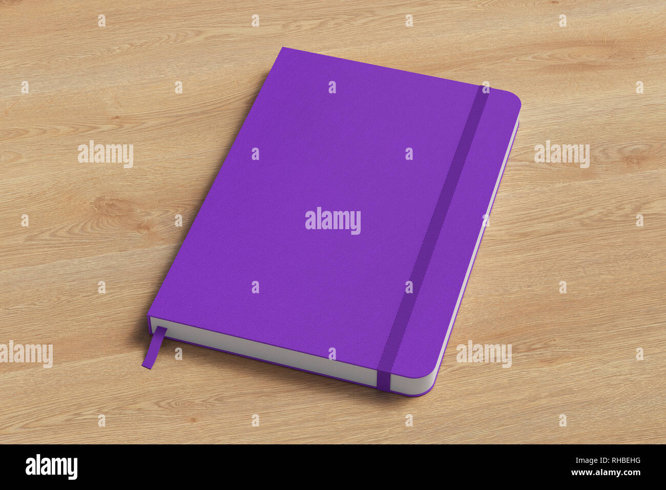 Violet vertical notebook with elastic band on wooden background Stock ...