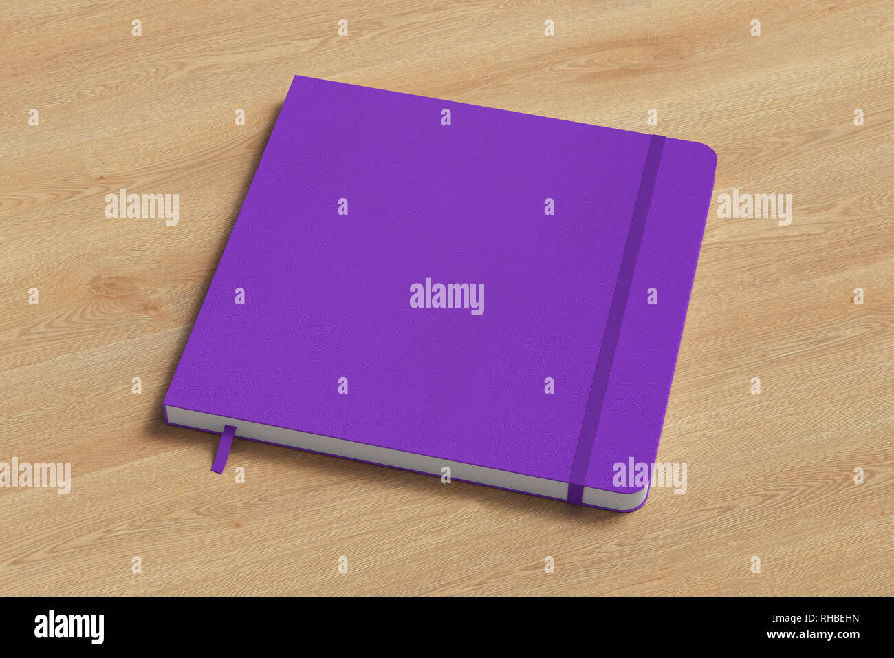 Violet square notebook with elastic band on wooden background Stock ...